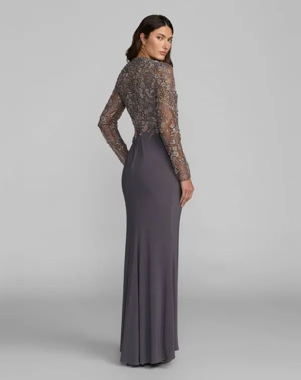 Mac Duggal Gray Embroidered Long Sleeve Jersey Gown