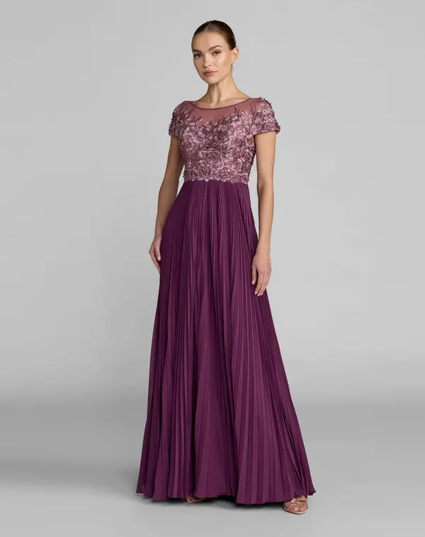 Mac Duggal Embroidered Cap Sleeve Pleated Gown - Purple