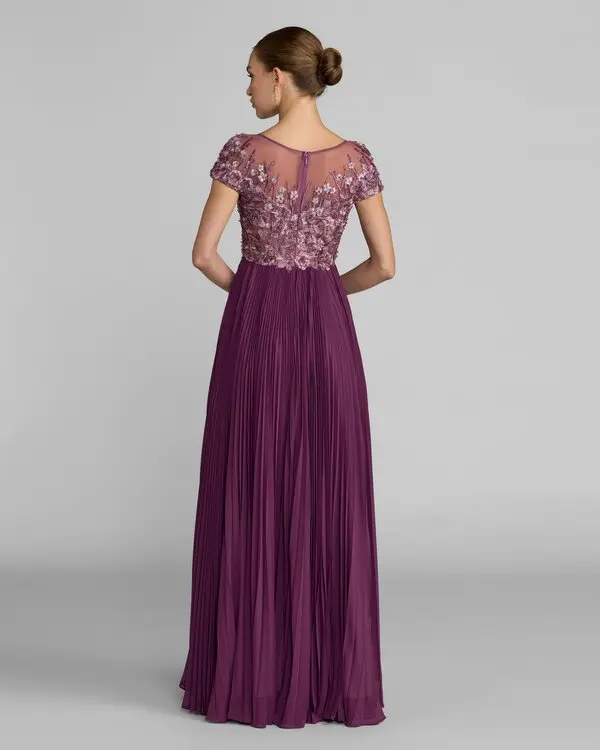 Mac Duggal Embroidered Cap Sleeve Pleated Gown
