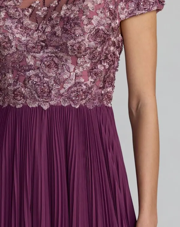 Mac Duggal Embroidered Cap Sleeve Pleated Gown