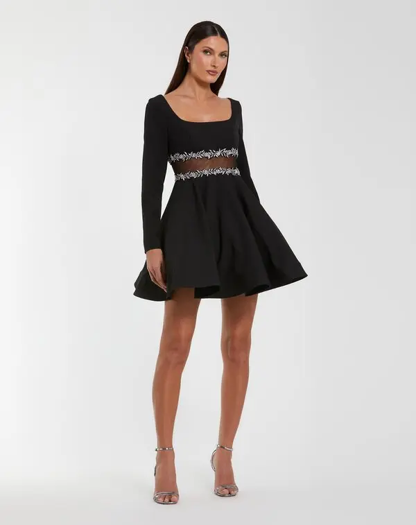 Mac Duggal Long Sleeve Crepe Mini Dress With Jewel Detail - Black