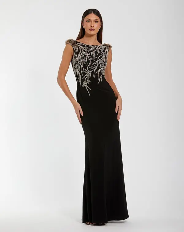 Mac Duggal Hand Beaded Cap Sleeve Jersey Gown - Black
