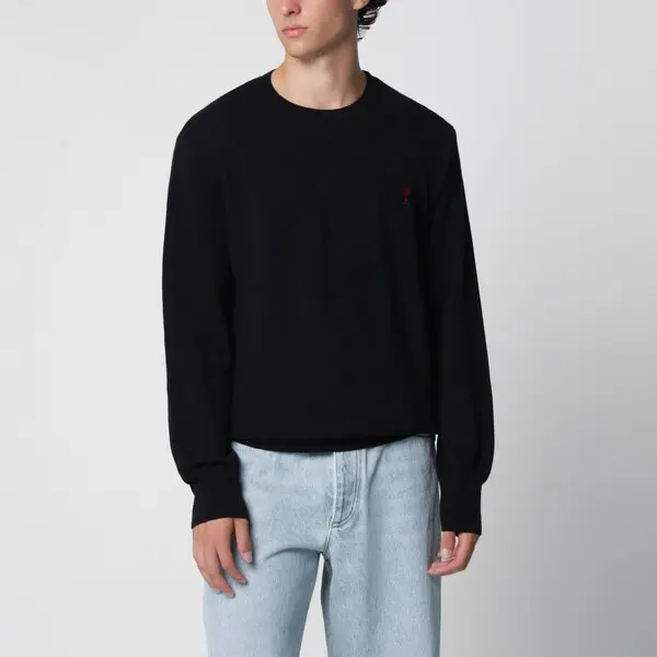 AMI Paris Wool Crewneck Sweater With De Cœur Embroidery - Black
