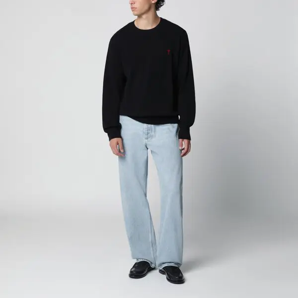AMI Paris Wool Crewneck Sweater With De Cœur Embroidery - Black