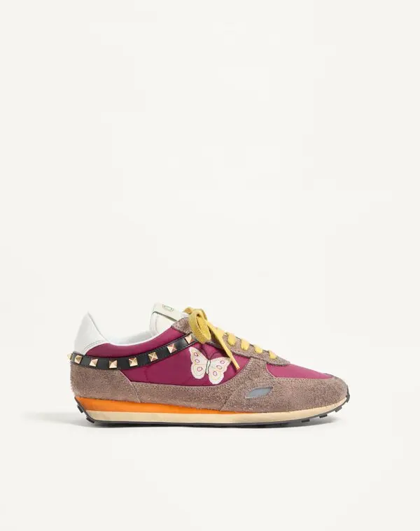 Valentino Garavani Stud Up Trainer In Split Leather And Nylon With Butterfly Embroidery - Insolent/multicolour