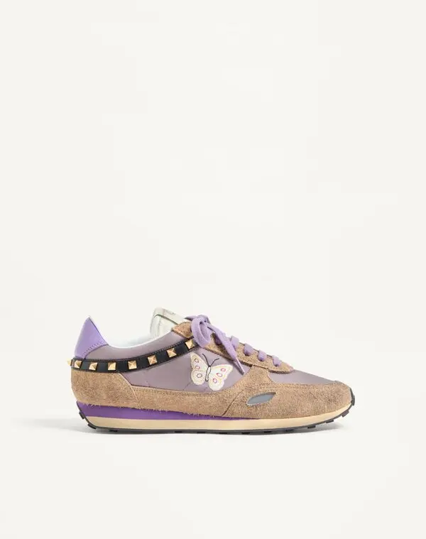 Valentino Garavani Stud Up Trainer In Split Leather And Nylon With Butterfly Embroidery - Lilac/multicolor