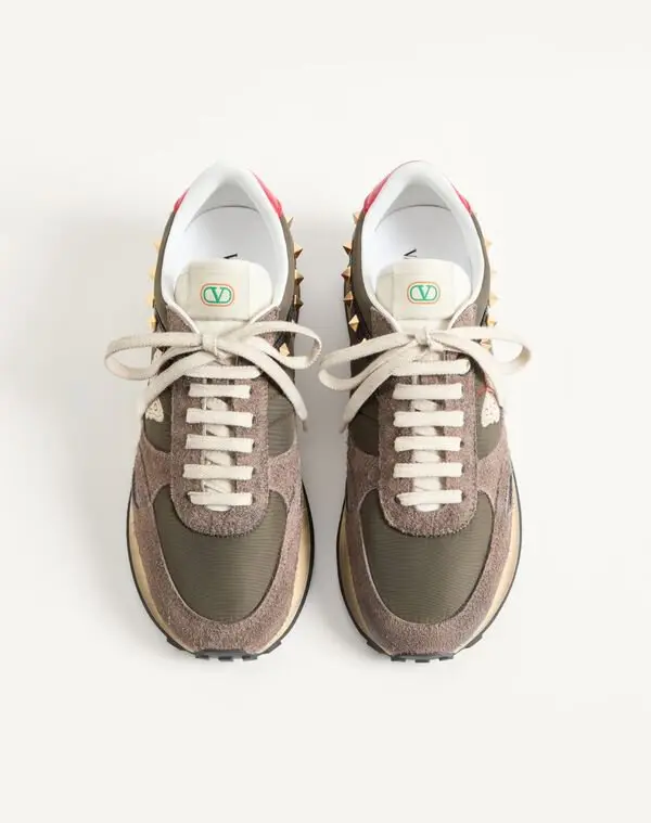 Valentino Garavani Stud Up Trainer In Split Leather And Nylon With Butterfly Embroidery - Olive Green/multicolour