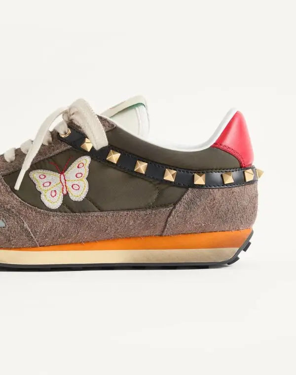 Valentino Garavani Stud Up Trainer In Split Leather And Nylon With Butterfly Embroidery - Olive Green/multicolour