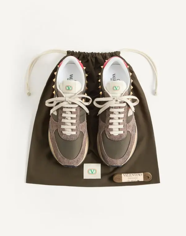 Valentino Garavani Stud Up Trainer In Split Leather And Nylon With Butterfly Embroidery - Olive Green/multicolour