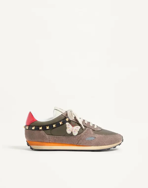 Valentino Garavani Studded Butterfly Embroidered Sneakers - Olive Green/multicolour