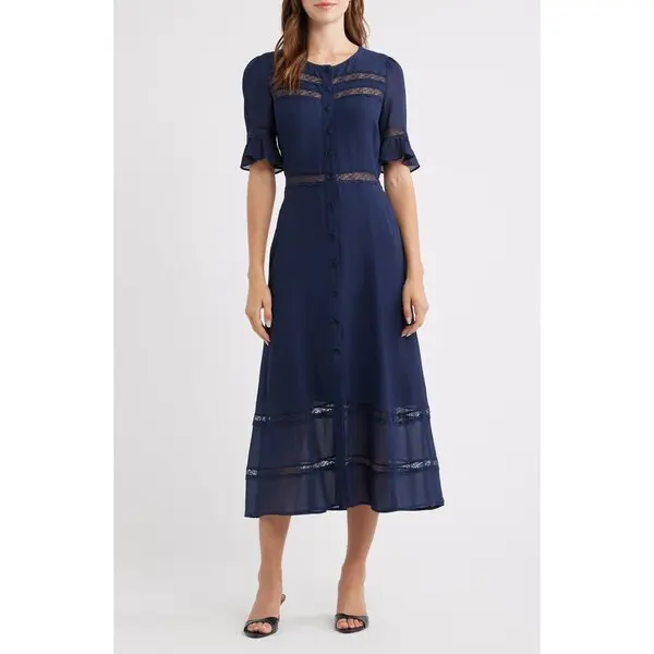 REFORMATION Woodson Lace Detail Shirtdress - Navy