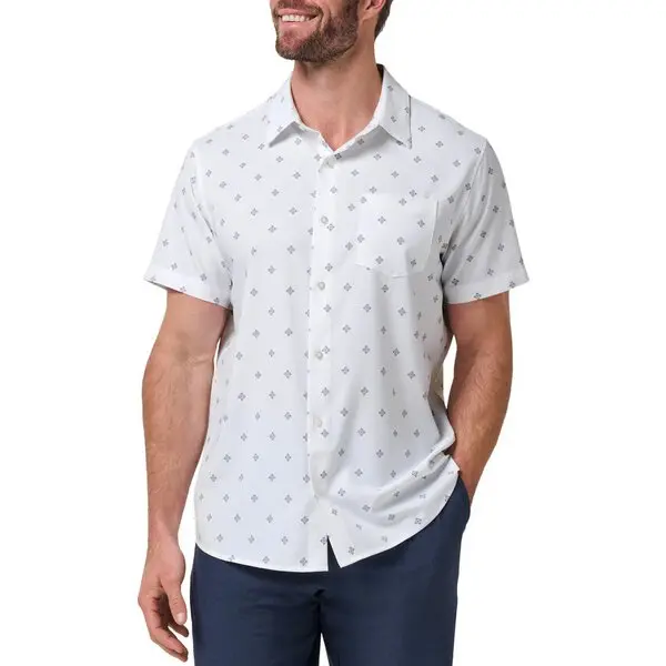 Travis Mathew Techwoven Seaside Print Short Sleeve Performance Button-up Shirt - White