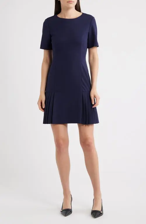 TAHARI ASL Pleat Detail Short Sleeve Dress - Navy