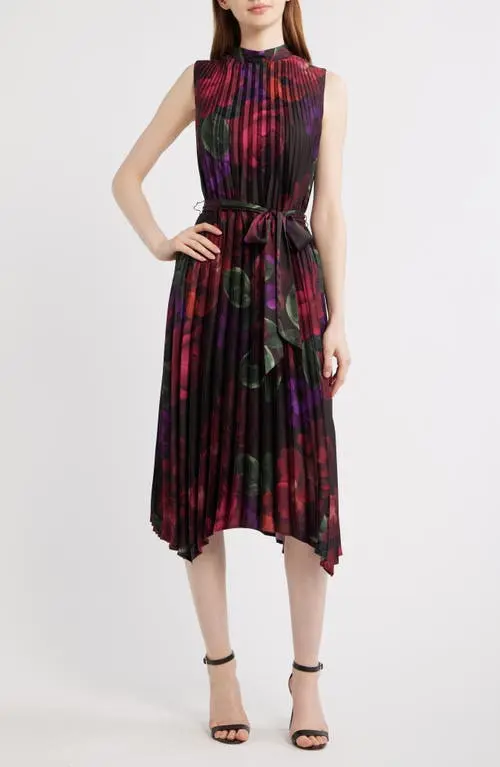 TAHARI ASL Matte Charmeuse Tie Waist Midi Dress - Black Multi