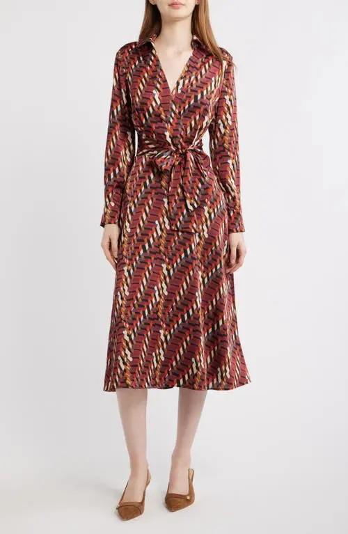 TAHARI ASL Geo Print Long Sleeve Midi Shirtdress - Cranberry Multi