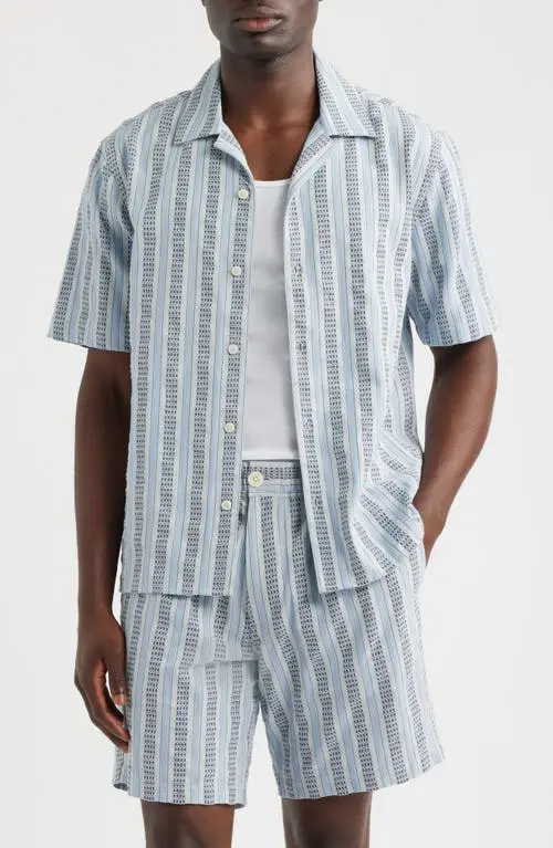 WAX LONDON Didcot Stripe Cotton Dobby Camp Shirt - Blue
