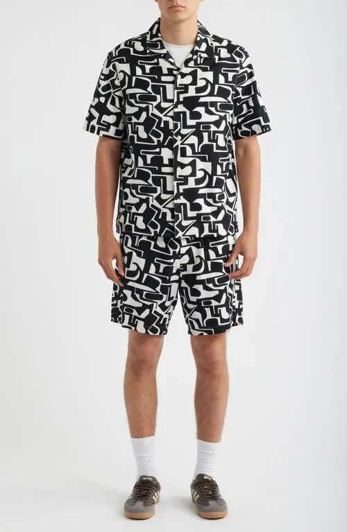 WAX LONDON Didicot Squiggle Geo Cotton Camp Shirt - Black/ecru