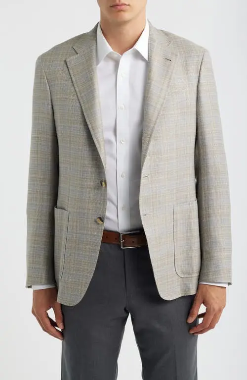 Canali Kei Trim Fit Plaid Slub Wool & Silk Blend Sport Coat - Beige