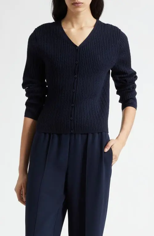 Vince Cable Stitch Merino Wool Blend V-neck Cardigan - Twilight Navy