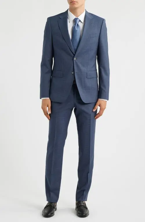 BOSS Huge Slim Fit Blue Microcheck Virgin Wool Suit - Navy