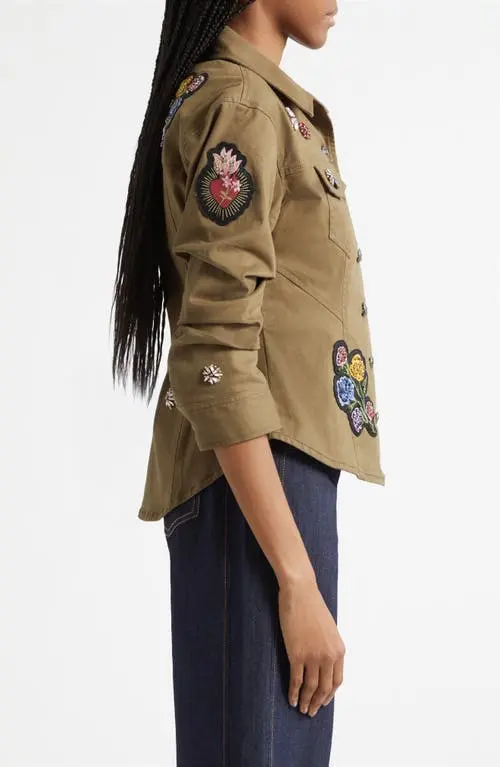 Cinq À Sept Garden Patches Embellished Stretch Twill Shirt Jacket