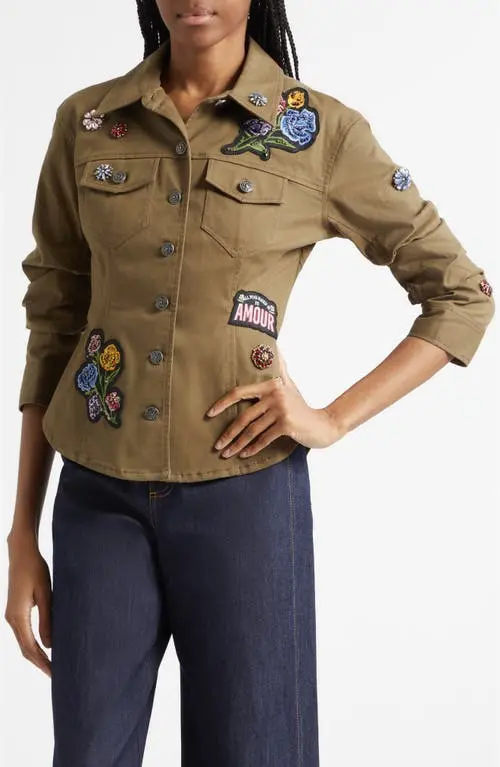 Cinq À Sept Garden Patches Embellished Stretch Twill Shirt Jacket