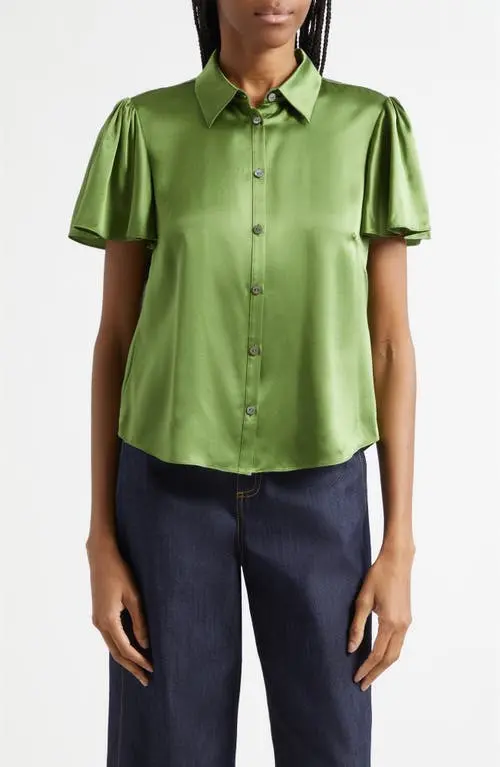Cinq À Sept Fiona Flutter Sleeve Silk Satin Button-up Shirt - Kale