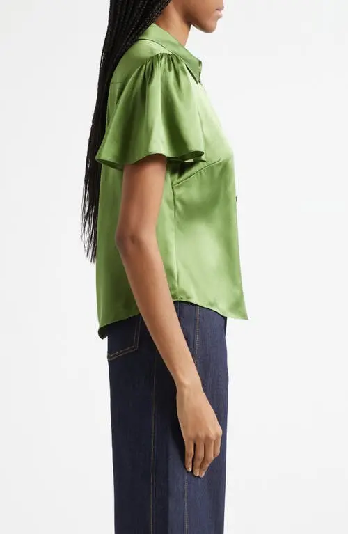 Cinq À Sept Fiona Flutter Sleeve Silk Satin Button-up Shirt - Kale