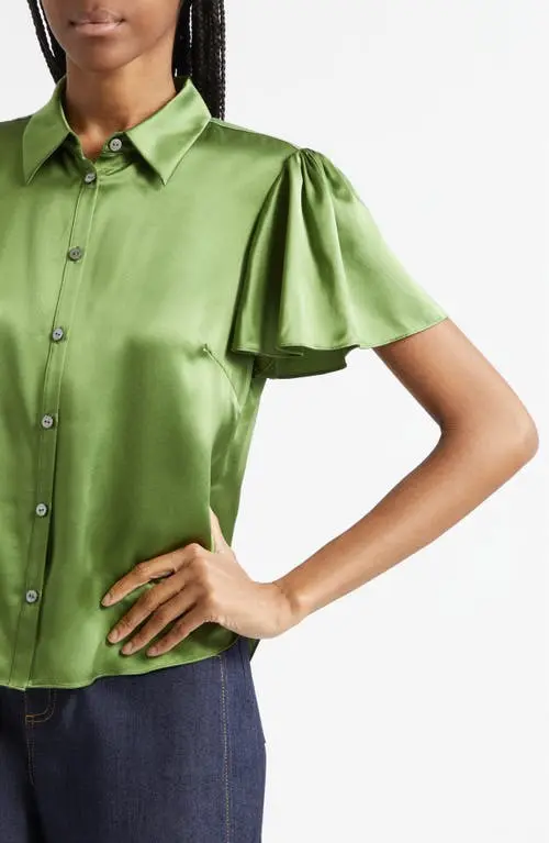 Cinq À Sept Fiona Flutter Sleeve Silk Satin Button-up Shirt - Kale