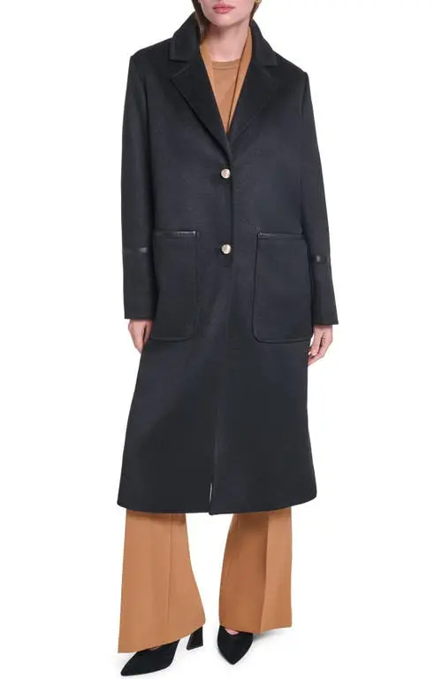 Karl Lagerfeld Paris Single Breasted Coat With Faux Leather Trim - Black