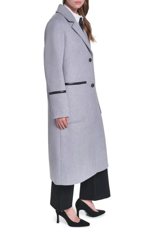 Karl Lagerfeld Paris Single Breasted Coat With Faux Leather Trim - Light Heather Grey