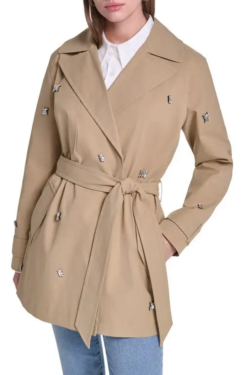 Karl Lagerfeld Paris Rhinestone Embellished Short Trench Coat - Khaki