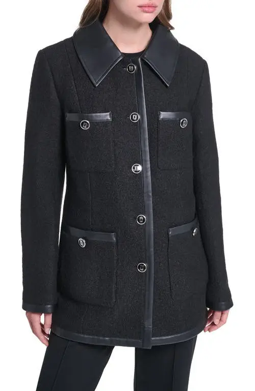 Karl Lagerfeld Paris Wool Blend Jacket With Faux Leather Trim