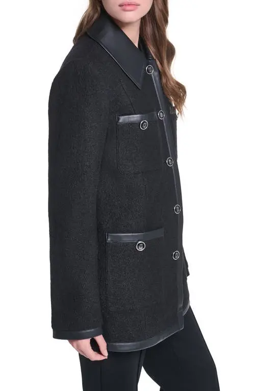 Karl Lagerfeld Paris Wool Blend Jacket With Faux Leather Trim