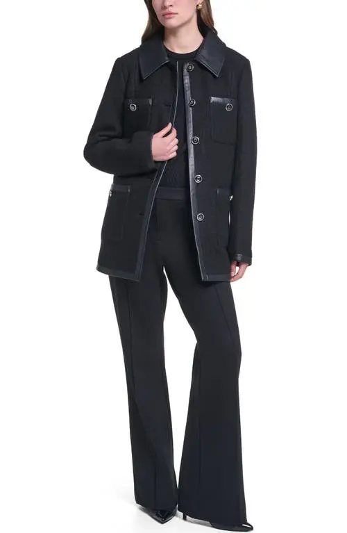 Karl Lagerfeld Paris Wool Blend Jacket With Faux Leather Trim
