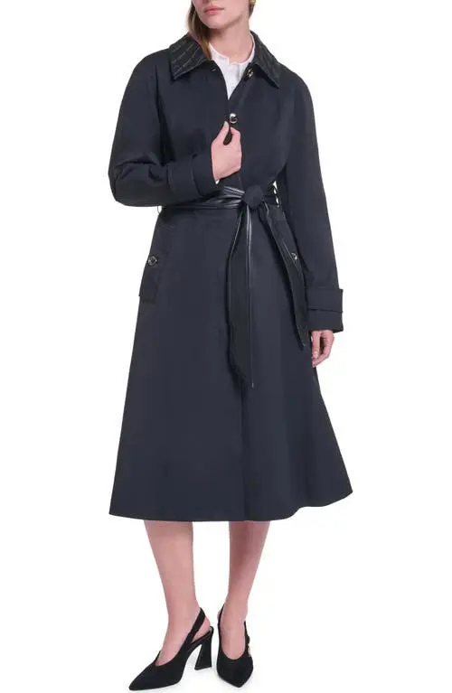 Karl Lagerfeld Paris Faux Leather Trim Trench Coat - Black