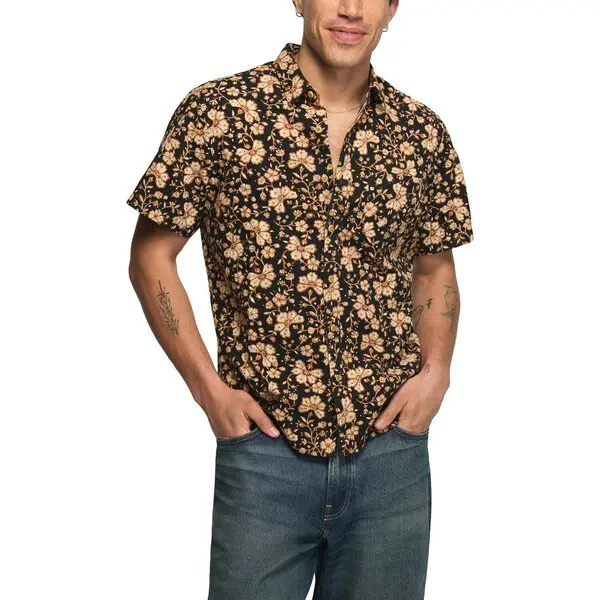 Lucky Brand Floral Short Sleeve Cotton Button-up Shirt - Black Print