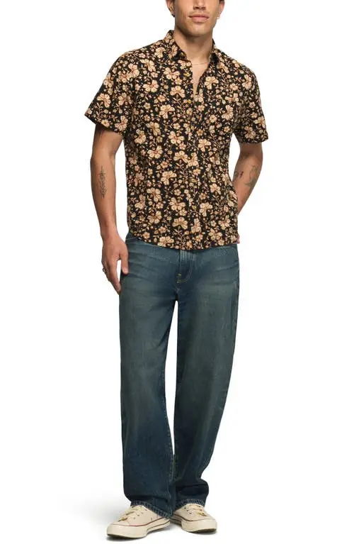 Lucky Brand Floral Short Sleeve Cotton Button-up Shirt - Black Print