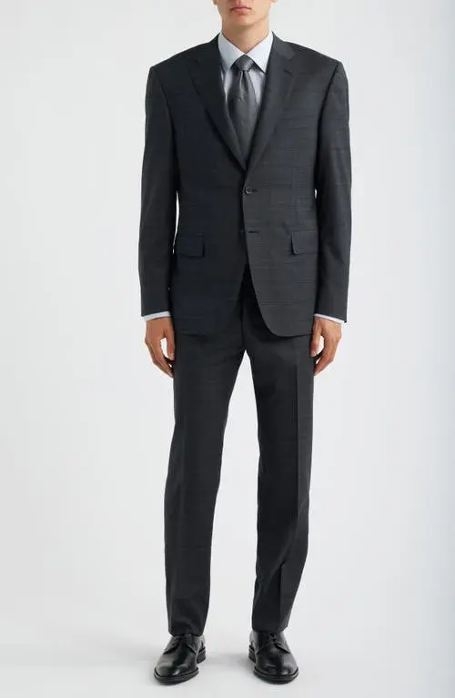 Canali Siena Regular Fit Grey Shadow Plaid Wool Suit - Charcoal