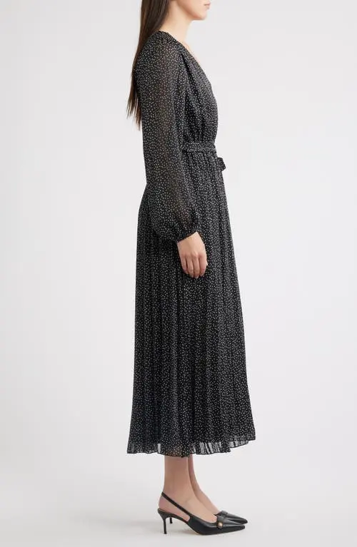Sam Edelman Polka Dot Metallic Thread Long Sleeve Pleated Dress