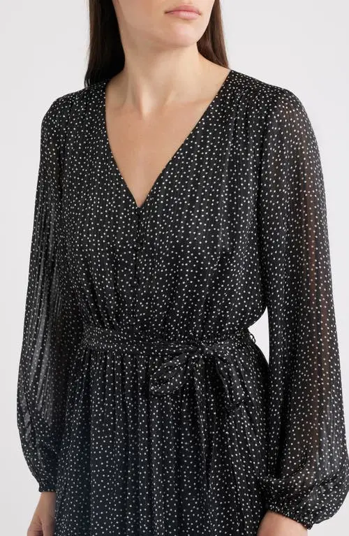 Sam Edelman Polka Dot Metallic Thread Long Sleeve Pleated Dress