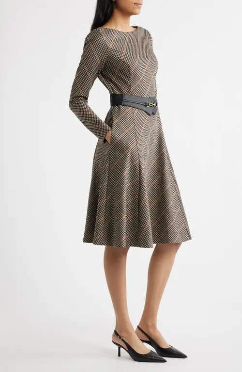 Eliza J Bias Cut Long Sleeve Checked Fit & Flare Dress