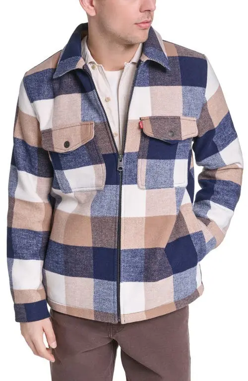 LEVI'S Zip Front Plaid Shirt Jacket - Tan Navy