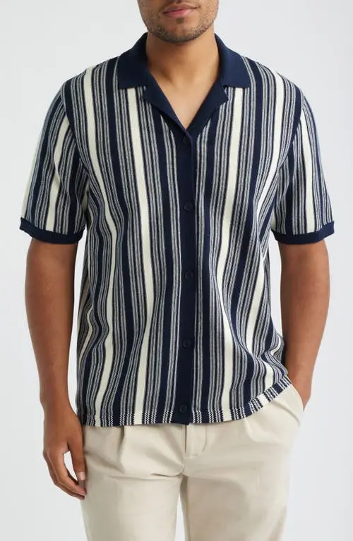 WAX LONDON Ivy Stripe Knit Camp Shirt - Navy/ecru