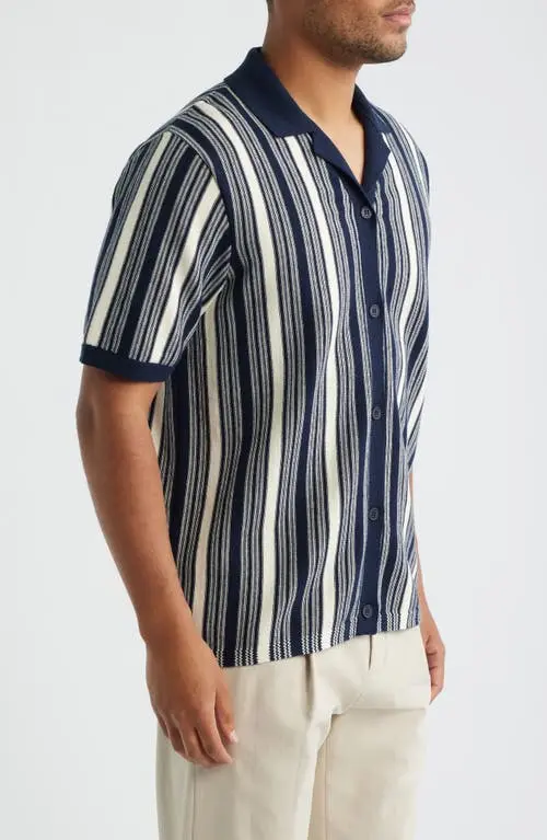 WAX LONDON Ivy Stripe Knit Camp Shirt - Navy/ecru