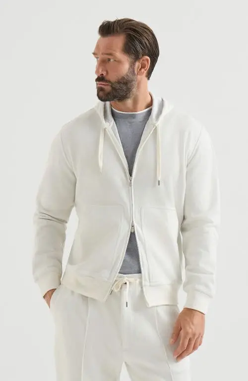 Brunello Cucinelli Cashmere And Cotton French Terry Double Cloth Hooded Sweatshirt With Zipper - Off-white
