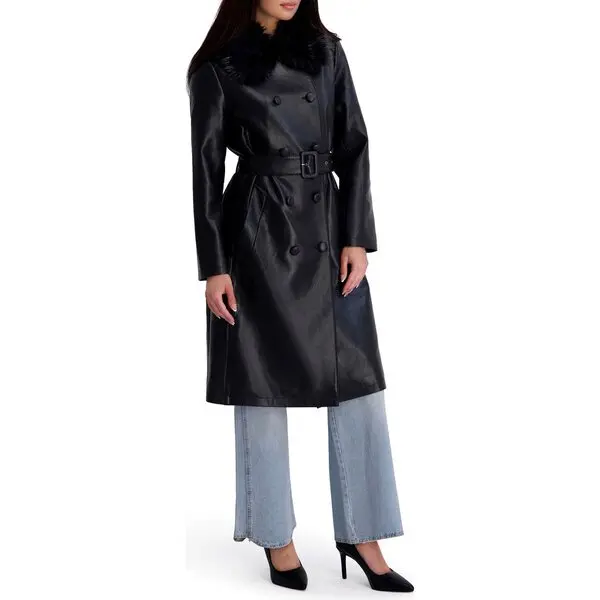 KENNETH COLE Faux Leather Trench Coat With Faux Fur Collar - Black