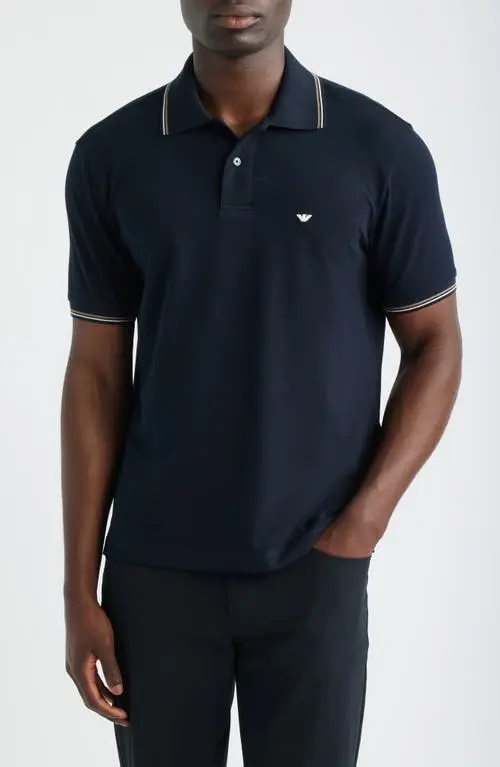Emporio Armani Tipped Cotton Polo Shirt - Solid Blue Navy