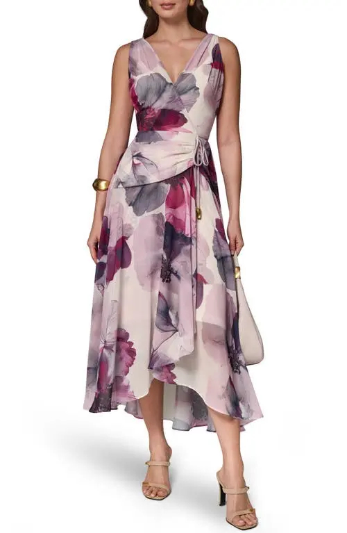 Donna Karan New York Chiffon Faux Wrap Midi Dress - Sangria Multi
