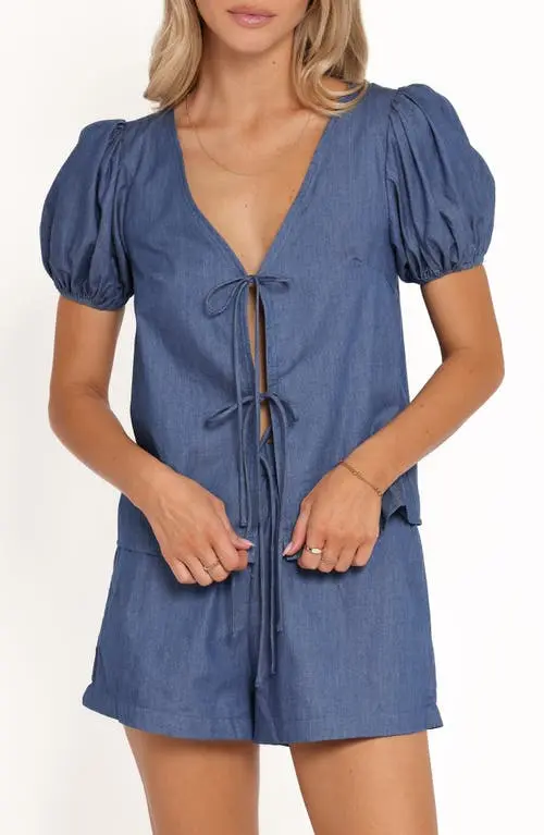 PETAL & PUP Dominic Tie Front Puff Sleeve Top - Denim
